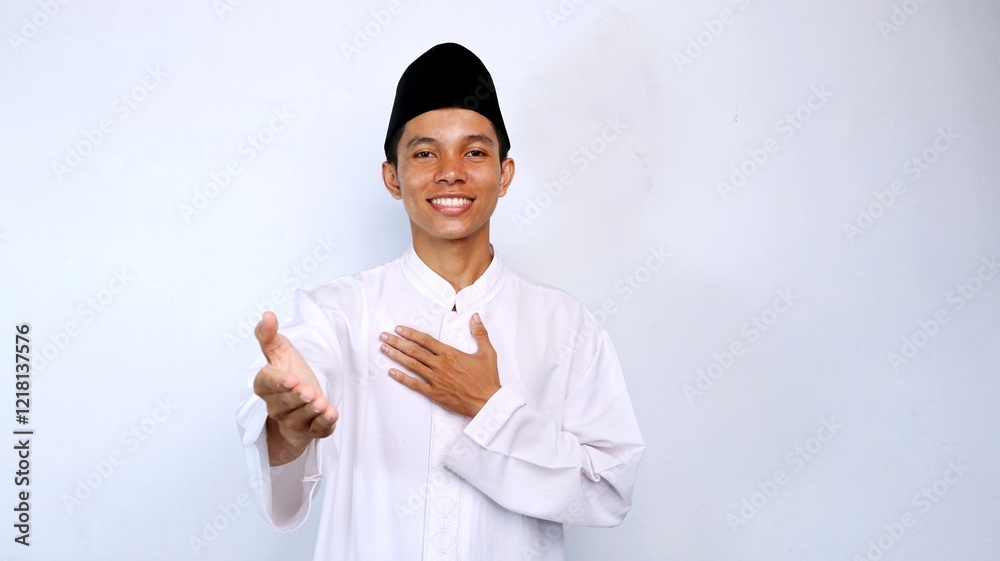smiling expression of young asian muslim handsome hand gesture ...
