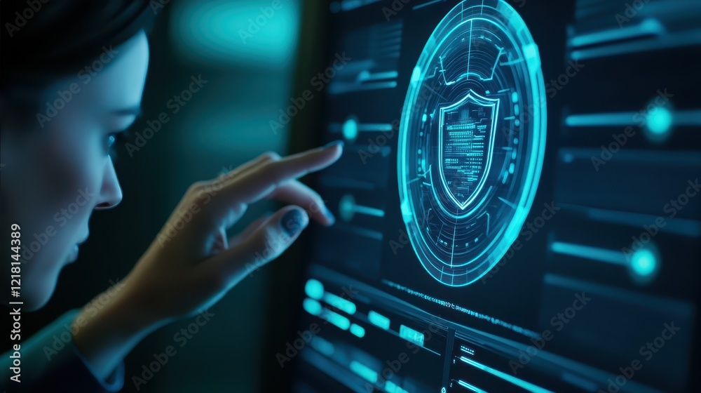 Woman exploring data visualization on a futuristic interactive touchscreen display interface in ...