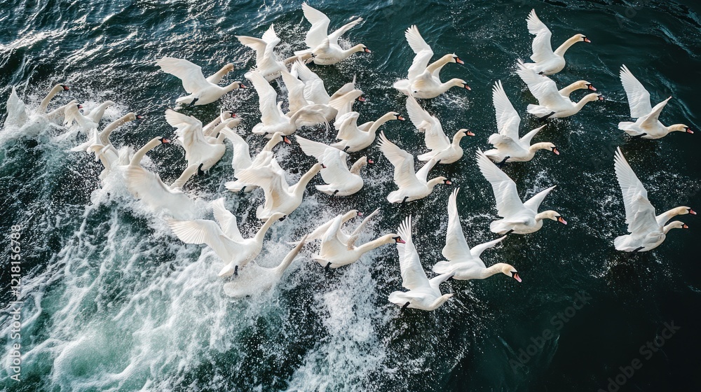Aerial view of a flock of swans taking flight from dark water, creating ...