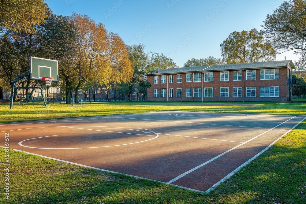 Outdoor basketball court near school building. Perfect for education ...