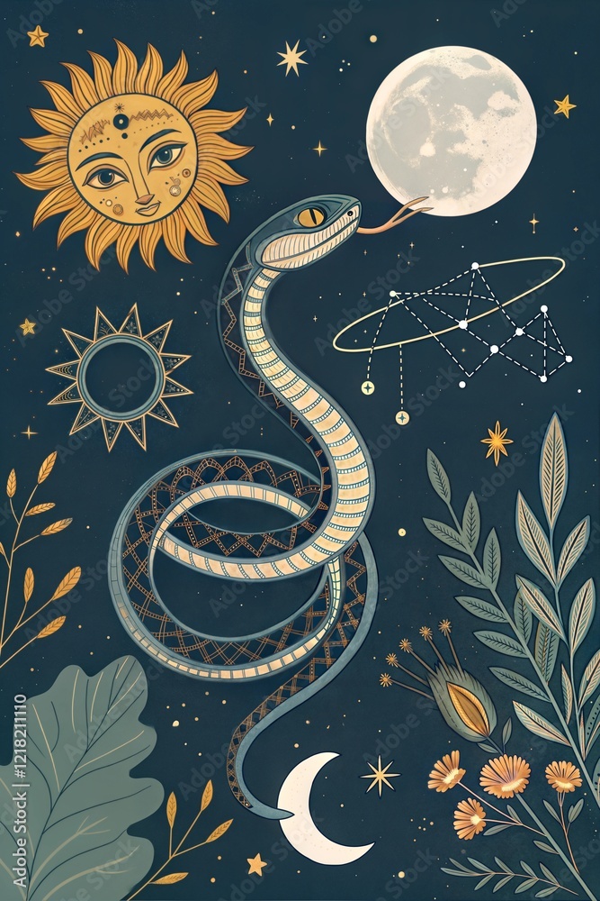 Vector snake set of mystical magic objects- moon, eyes, constellations, sun and stars. Spiritual ...