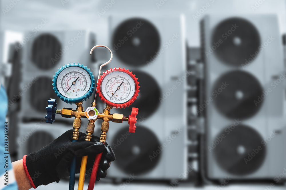 Electrical conditioning service technician using measuring manifold ...