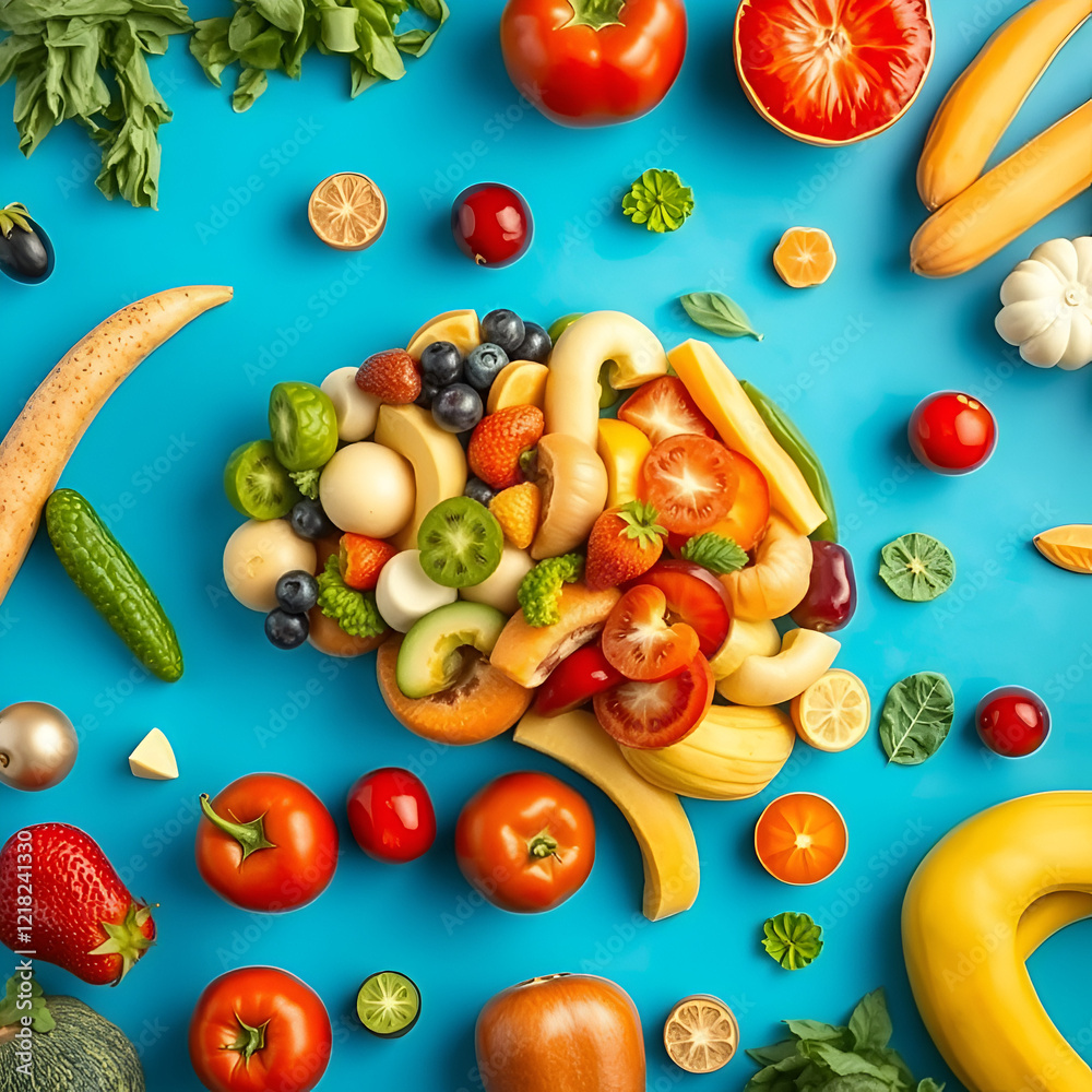 Brain shape made of fresh fruits and vegetables on blue background ...