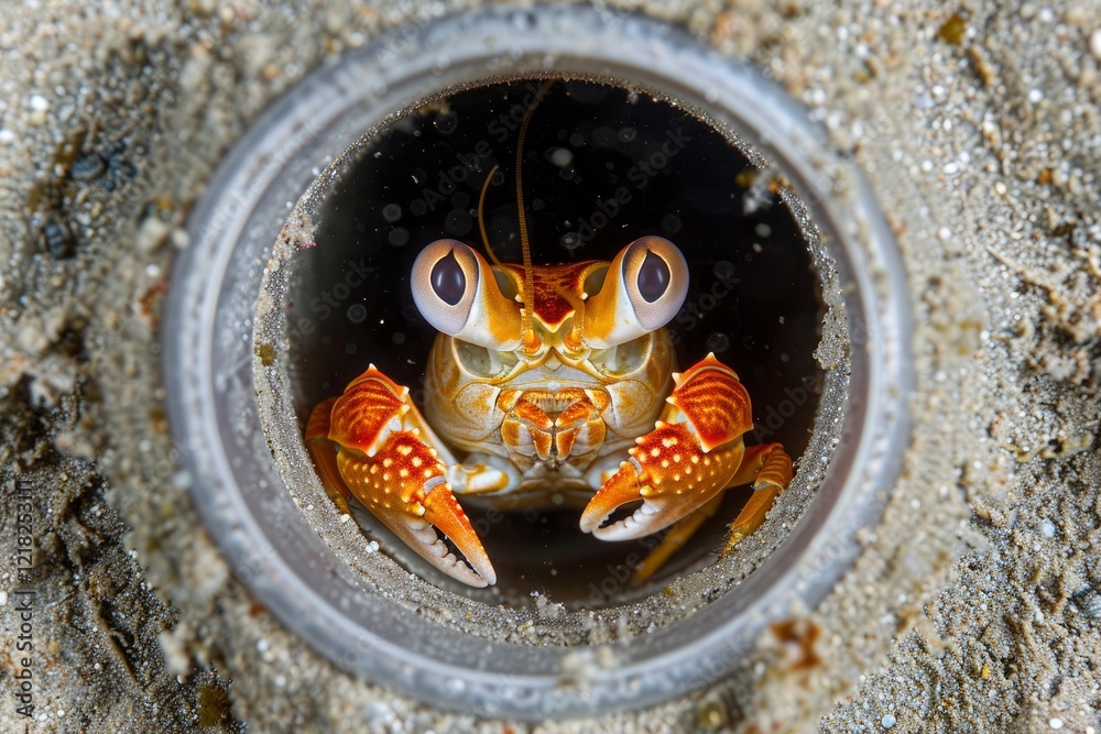Colorful crab peering out from a circular opening in sandy ocean floor ...