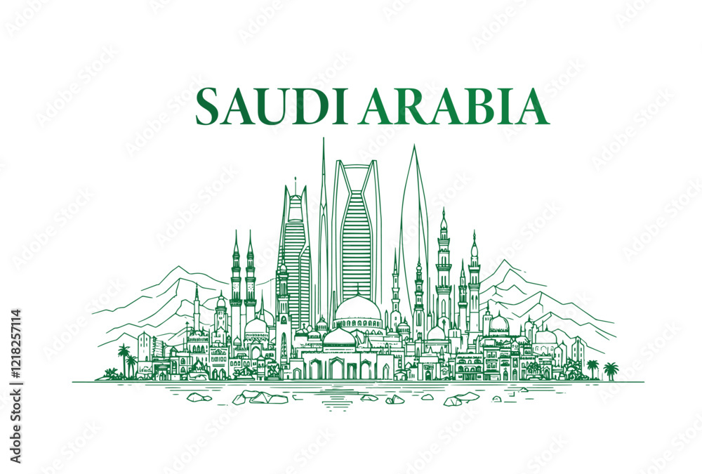 Line drawing of Modern cityscape of Saudi Arabia.kingdom of saudi ...