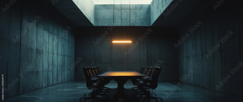Minimalistic police interrogation room with concrete walls and dim ...