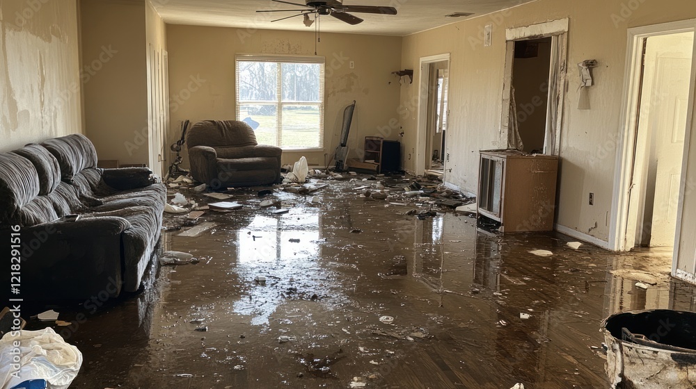 Aftermath of a devastating flood: A living room submerged in muddy ...