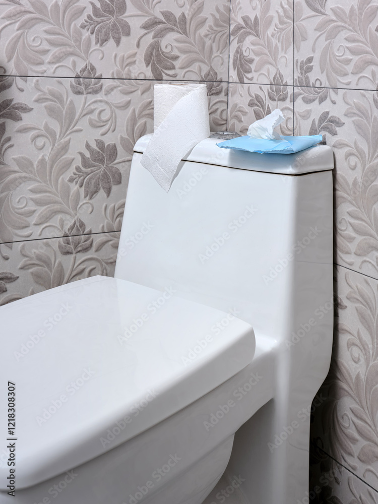 Vertical image of there roll of toilet paper and wet sanitary wipes ...