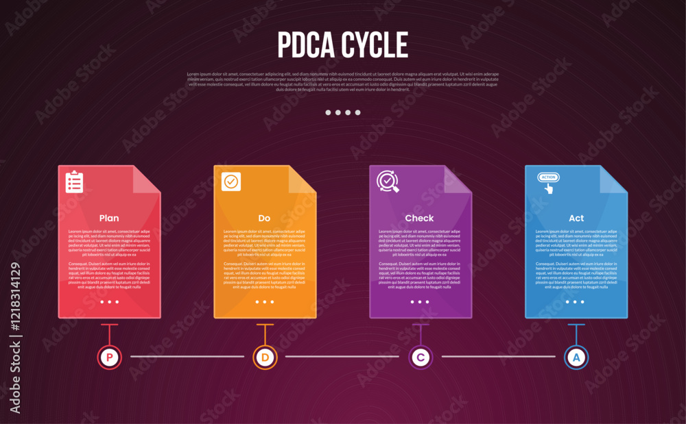 PDCA cycle infographic template with timeline style horizontal box dark ...