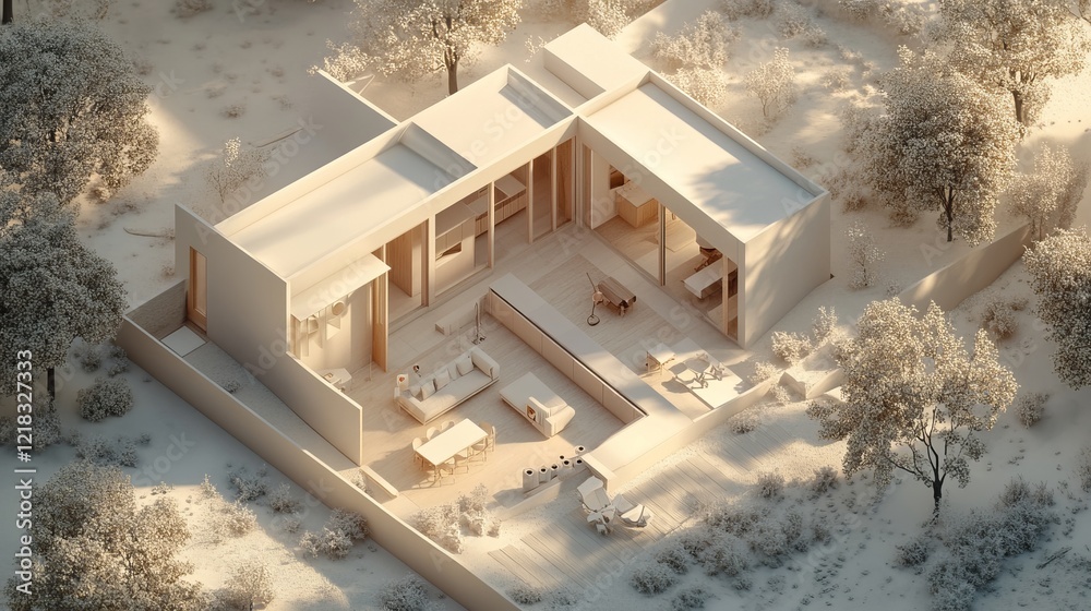 Floor plan of a house top view 3D illustration. Open concept living ...