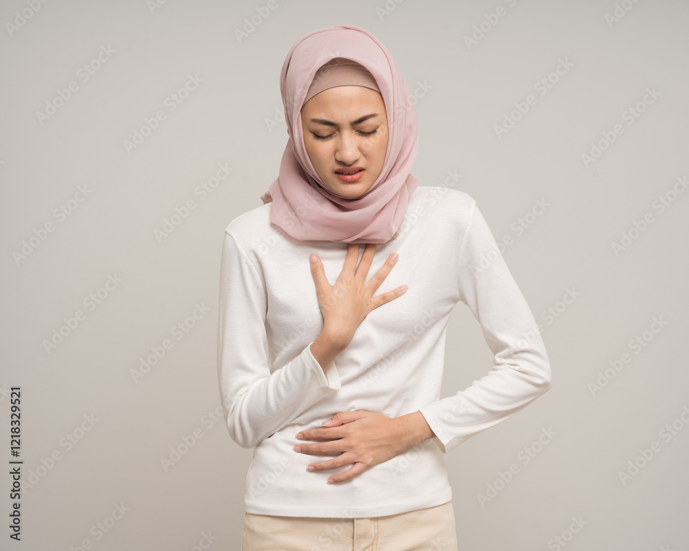 Unhealthy young asian muslim woman throat irritation, mucus and ...