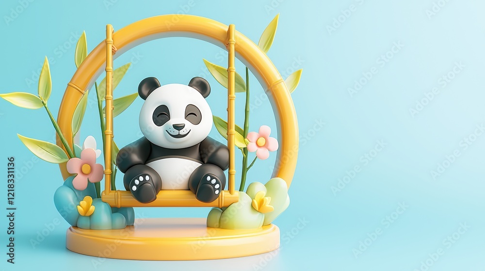 Cute 3d panda swinging on a bamboo swing in a cartoon environment ...