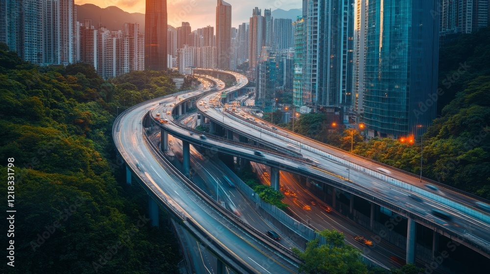 Highway flyover in modern city. Vector cartoon illustration of bridge ...