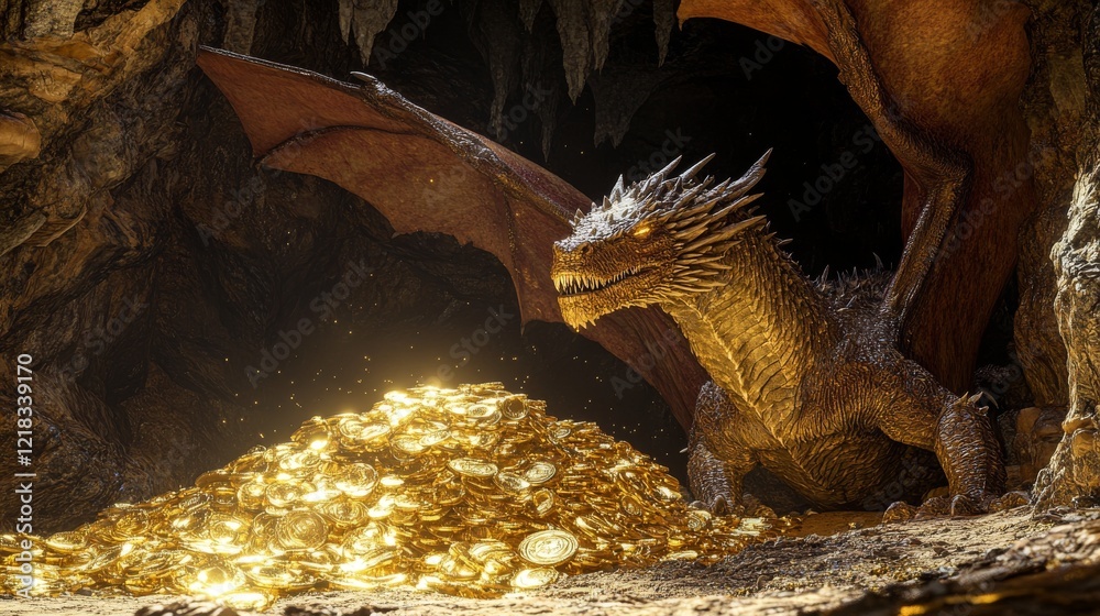 Dragon protect gold pile in cave, fantasy character guard treasure in ...