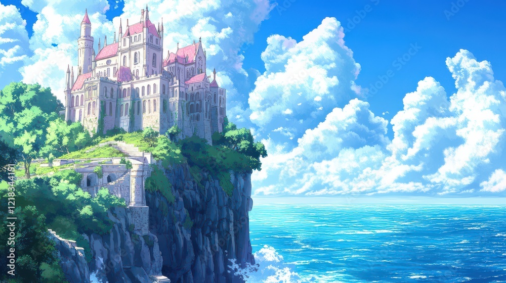 Majestic Cliffside Castle Overlooking the Azure Ocean Captures Fantasy ...