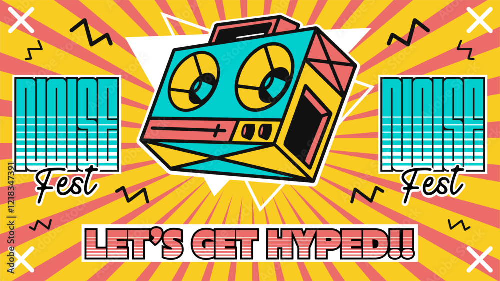 Retro music festival banner design template. Event poster 90s style for ...