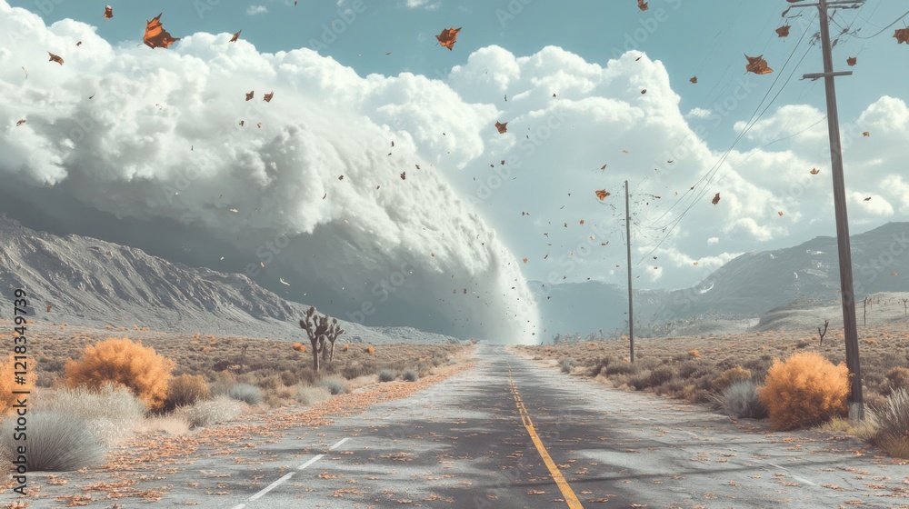 Tornado storm cyclone on autumn road vector landscape. Hurricane wind ...