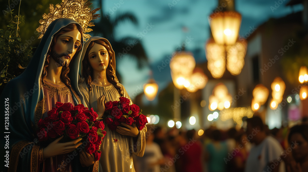 Early Semana Santa procession with statues of Jesus and Mary decorated ...