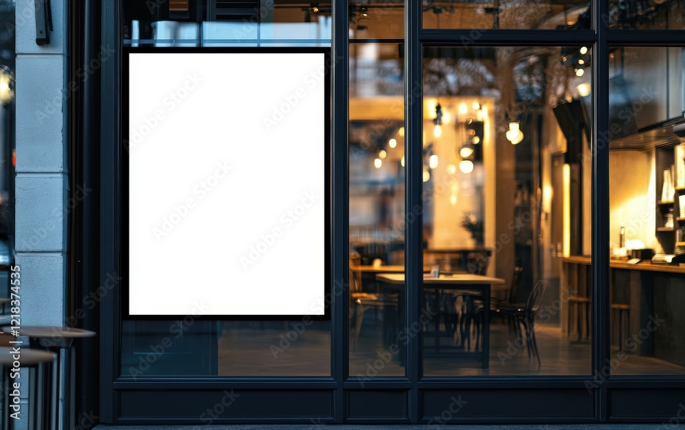 Blank Signboard in a Cafe Window: A vertical blank signboard mounted on ...