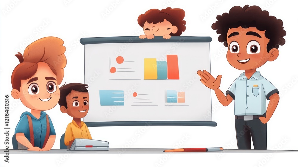 Happy children attentively listen to a presentation given by a boy with charts and graphs on a ...