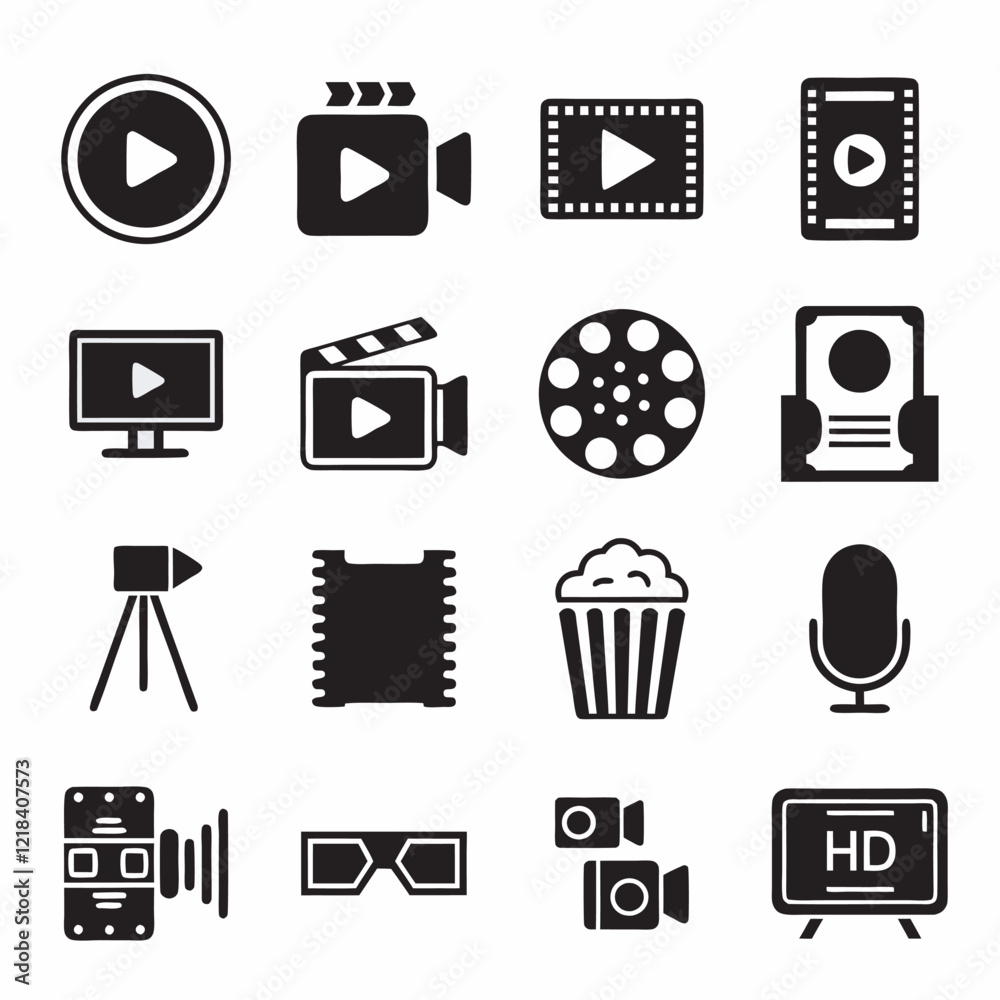 Complete Set of Black and White Movie and Cinema Icons. Movie Icons ...