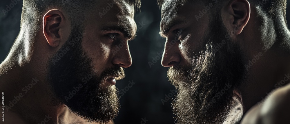 Bearded men in intense face-off, showcasing strength and rivalry ...