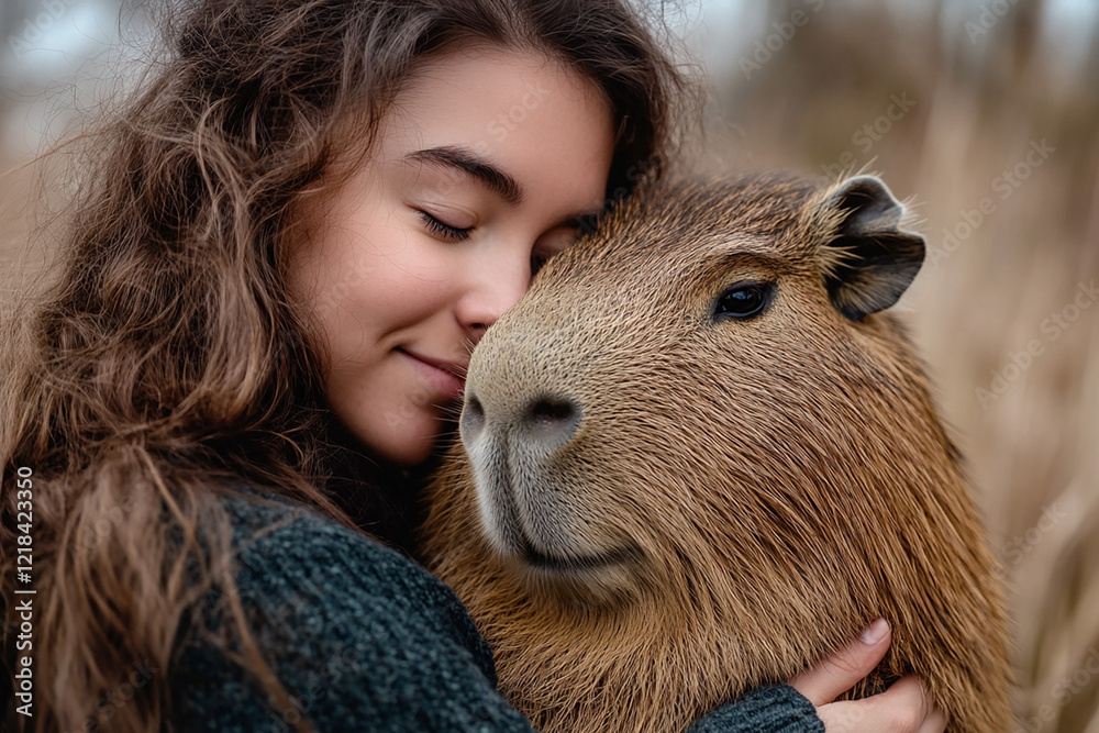 A woman warmly embraces a Capybara, showcasing a unique bond between ...