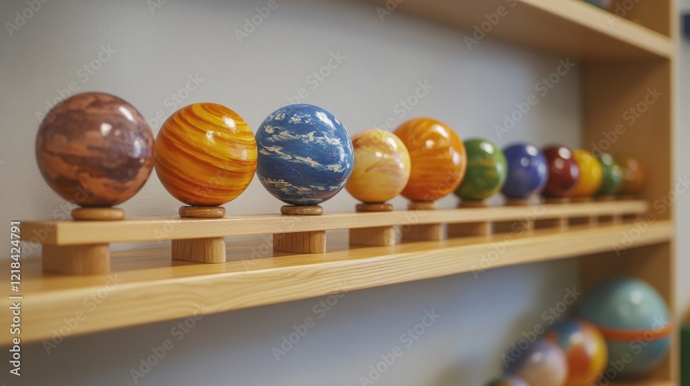 25.Montessori solar system model on a wooden shelf. Painted planetary ...