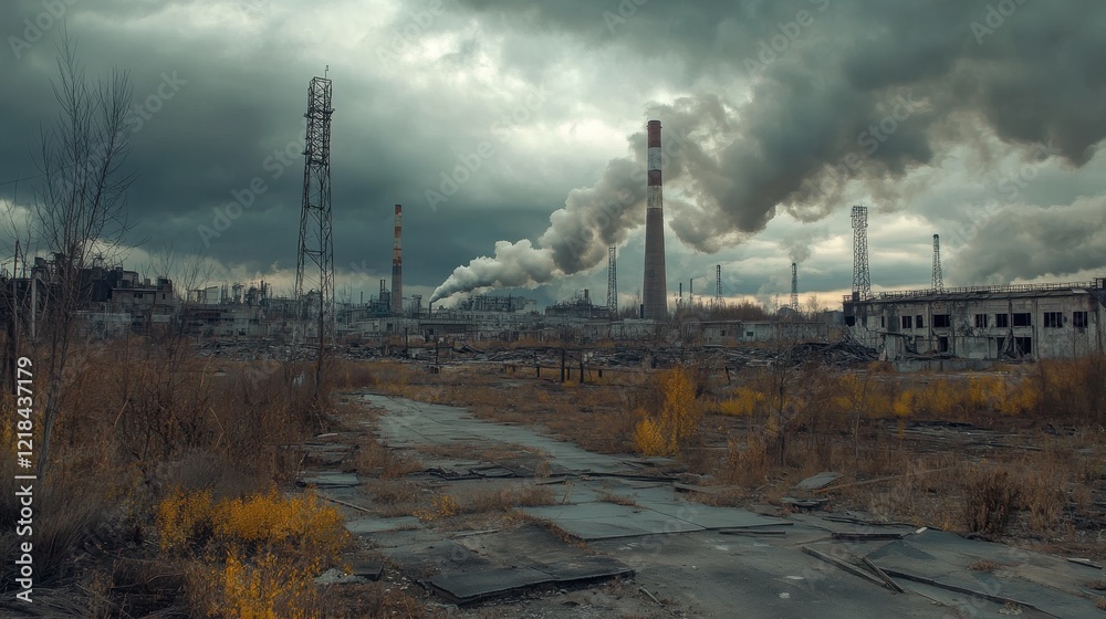 Industrial Wasteland: An overcast sky looms over a polluted industrial ...