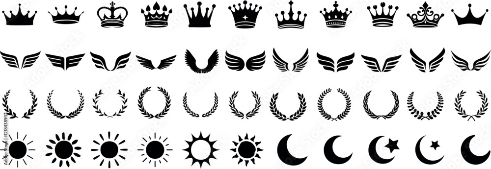 Crown, wing, laurel wreath, sun, moon vector icons. Elegant black ...