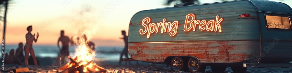 Retro "Spring Break" sign in pastel colors on a vintage trailer by a ...