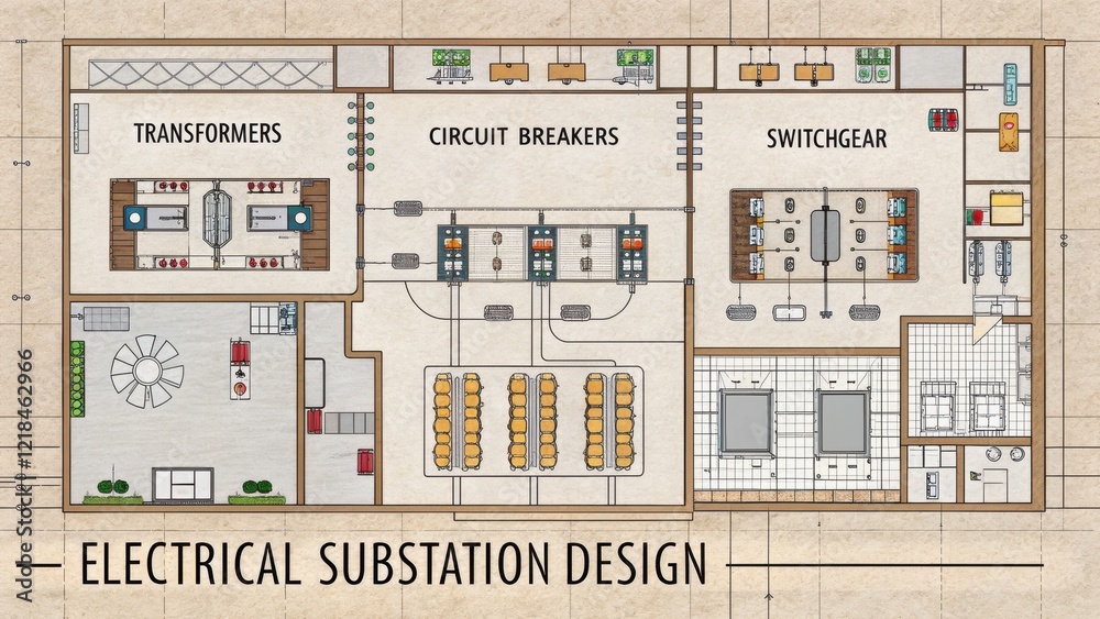A detailed layout of an electrical substation, featuring sections for ...