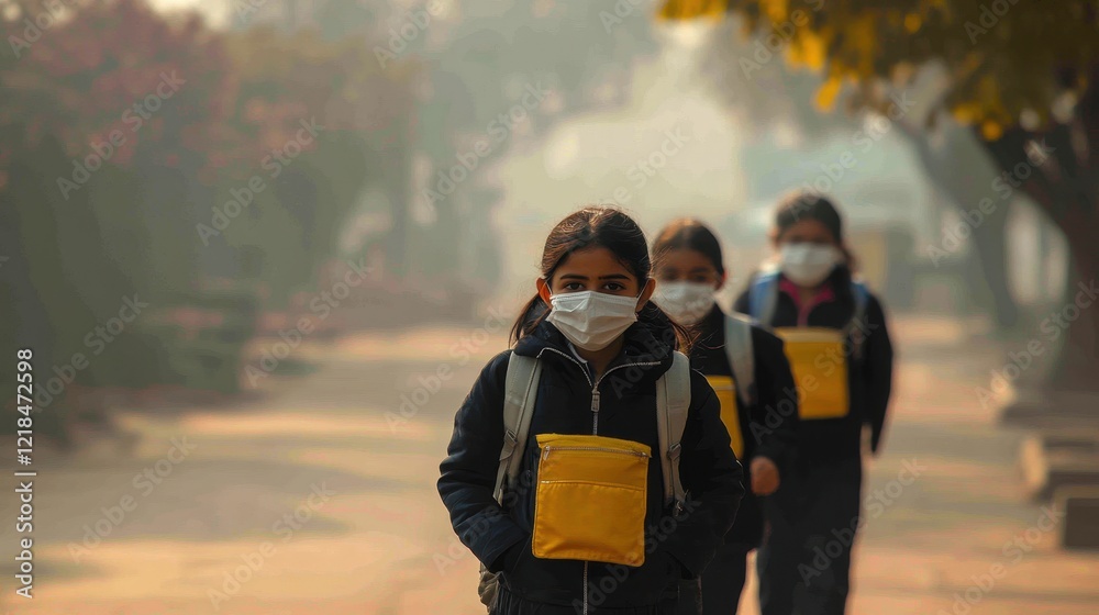 Children Walking in Smog: Three schoolgirls wearing face masks walk ...