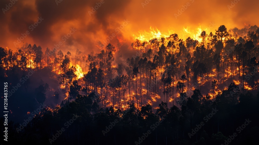 Inferno: Wildfire Engulfs Hillside: A dramatic and intense image depicting a raging wildfire ...