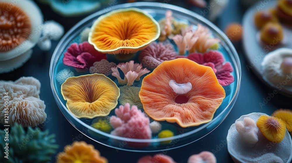A vibrant petri dish filled with colorful fungi colonies growing in ...