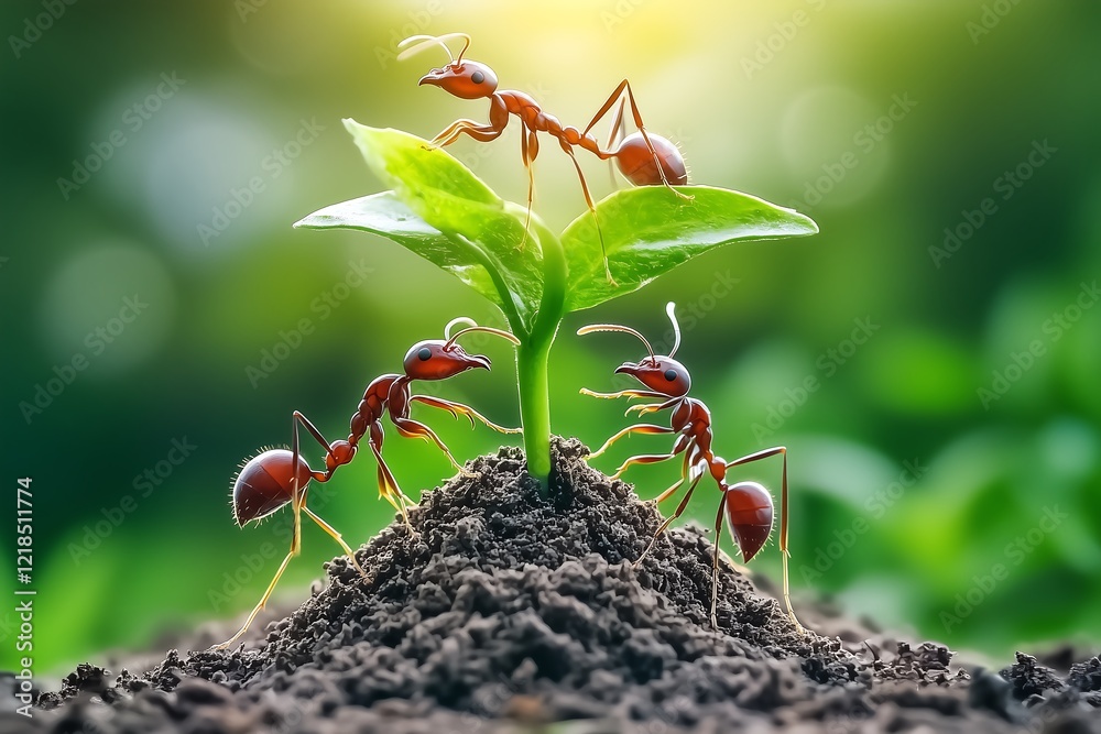 Ants cultivating a young plant garden soil nature photography close-up ...
