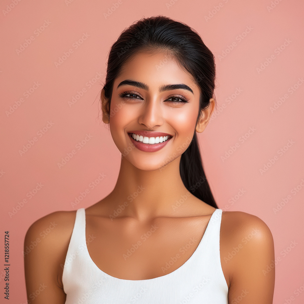 attractive indian woman with clear happy smile and confident, luminous ...