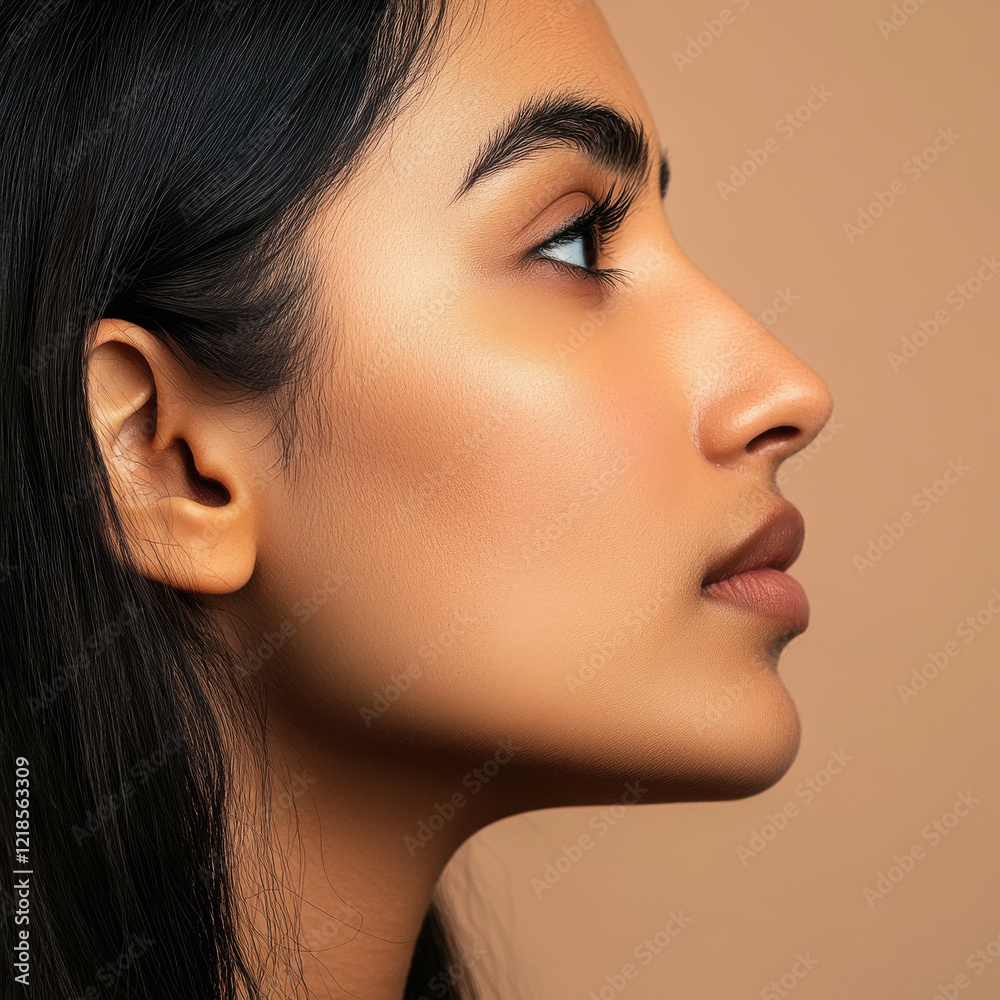 Side view of female face highlighting an entire woman's jawline portion ...