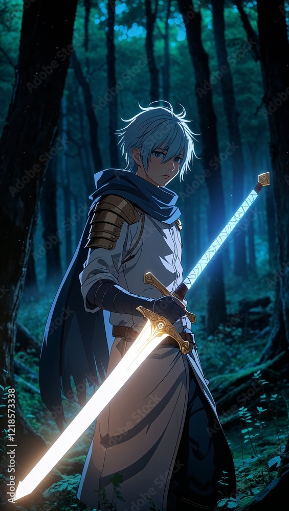 Anime character holding a glowing sword in a dark forest background ...