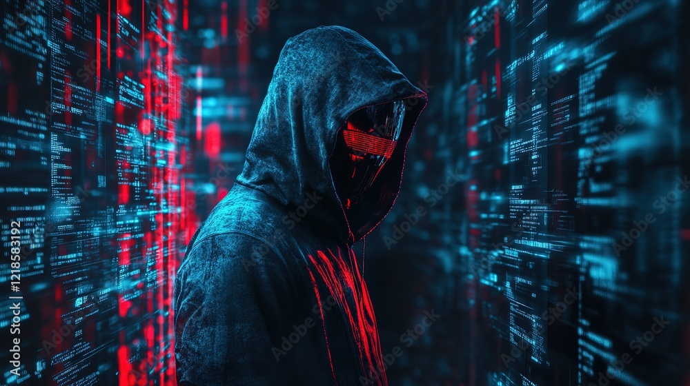 suspicious Ai robot wearing black hood with data and code floating ...