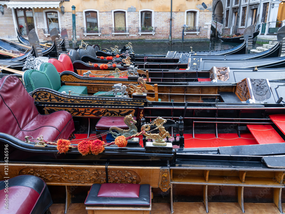 Venice, Italy. Group of Gondolas, the famous and traditional flat ...