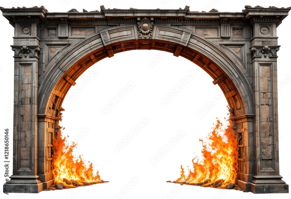 old Classic column arch burn fire isolated on transparent background ...
