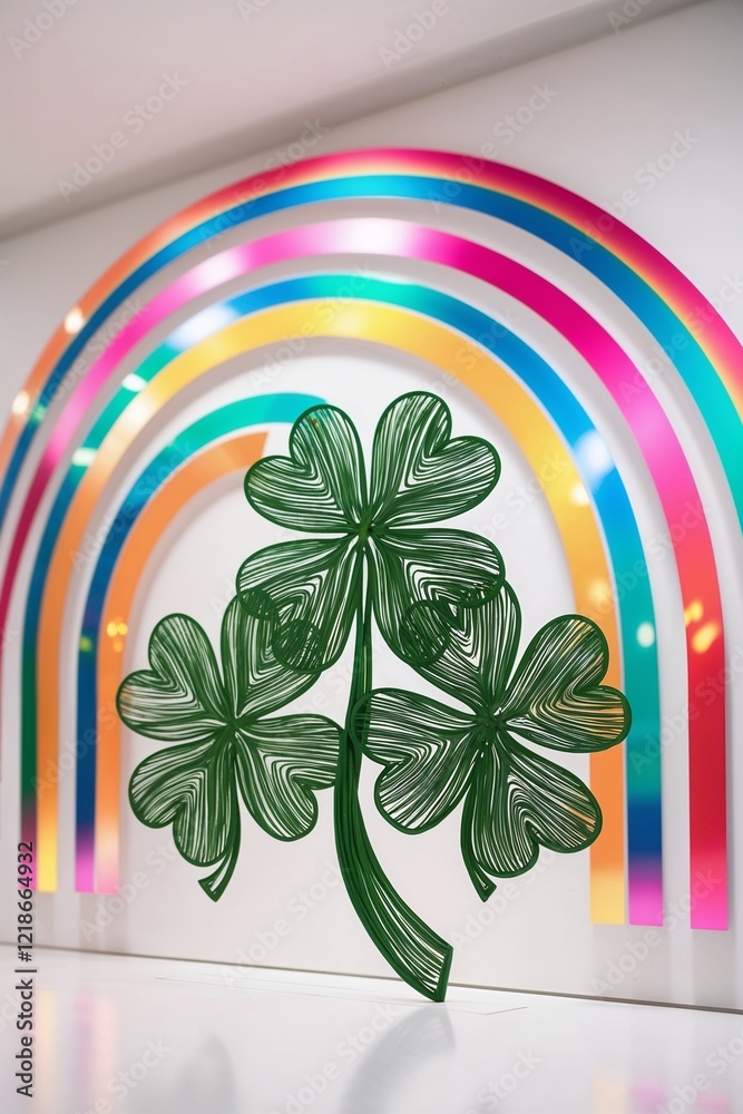 Stylized green four-leaf clover with colorful rainbow background in a ...