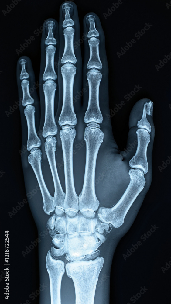 High-resolution X-ray image of a human hand showcasing skeletal ...