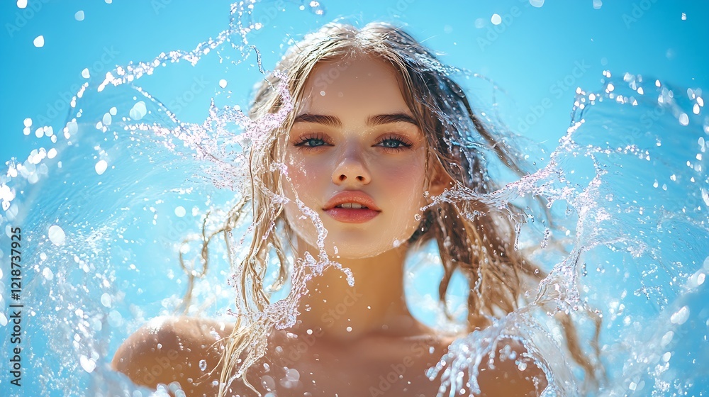 Youthful Woman Drenched in Sparkling Water Droplets Beneath Clear Sunny ...
