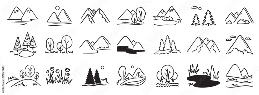 Mountains landscapes nature with pine forest, river, mount and hills ...