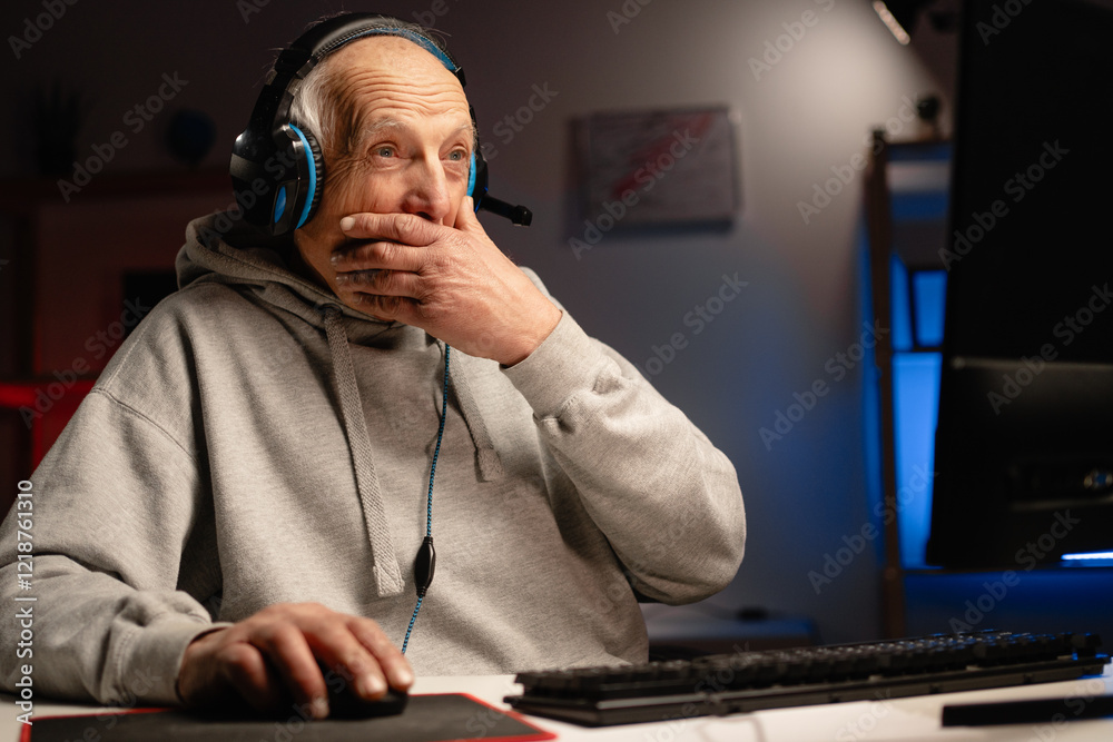surprised senior gamer in headset sitting in room at night with a ...