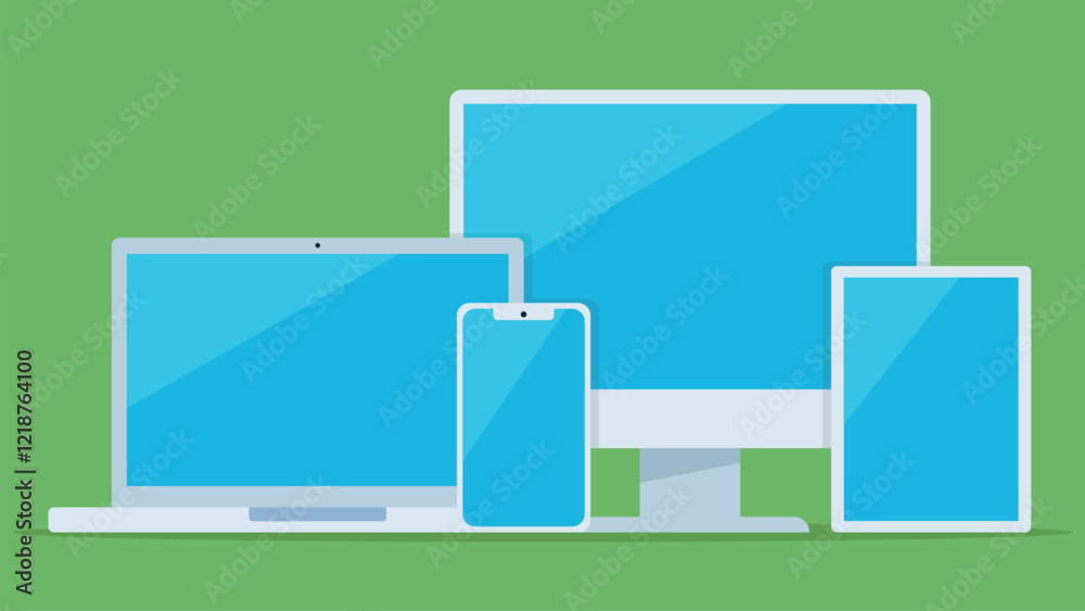 Mobile devices lined up one in front of the other, with a blue screen ...