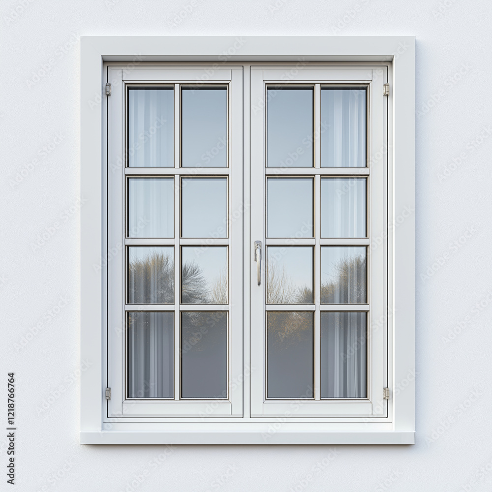 White window with double-glazed panes, white background, front view ...