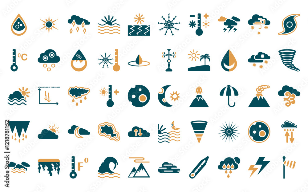 50 linear weather icon pack. vector thin line starry night, sunshine ...